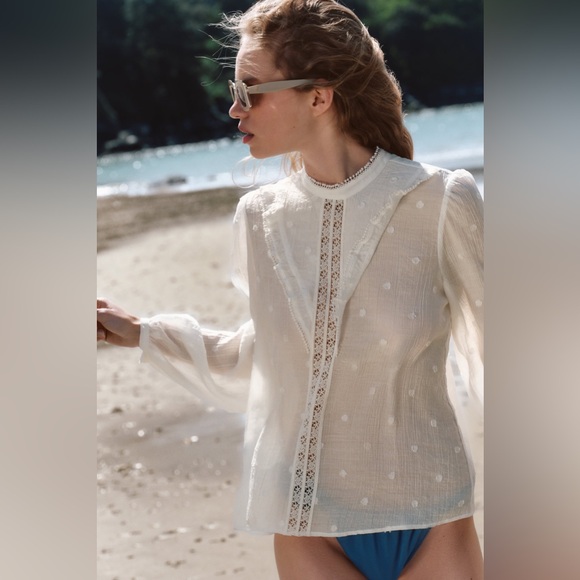Zara | Tops | Zara Nwt Lace Insert Dotted Mesh Blouse | Poshmark